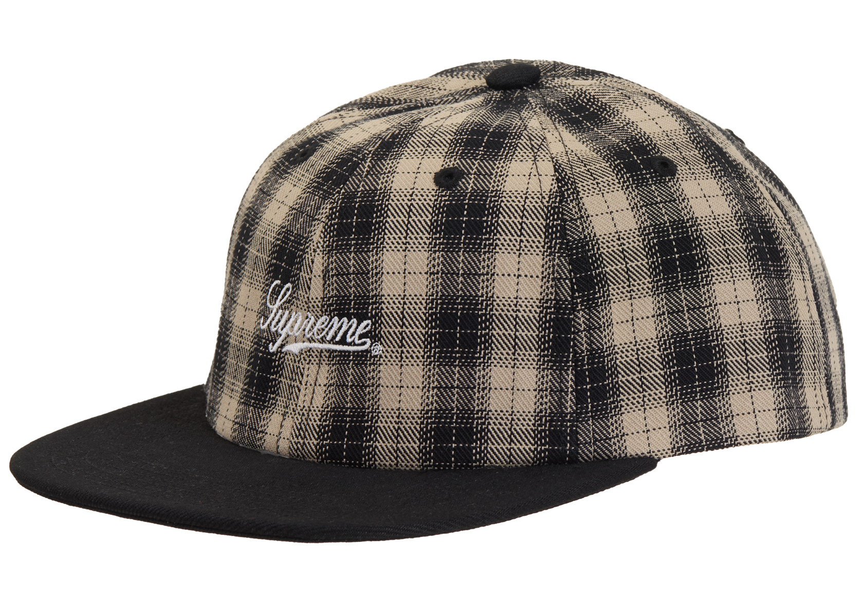 Supreme Script Logo 6 Panel Cap - Black Plaid | Editorialist